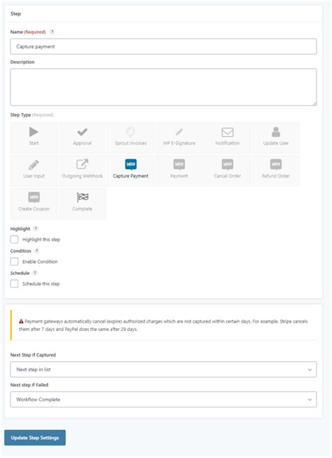 WooCommerce Extension Capture Payment Step Gravity Flow Documentation