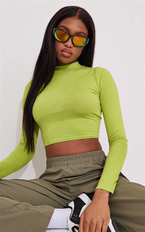 Tall Lime Long Sleeved High Neck Crop Top Prettylittlething Usa
