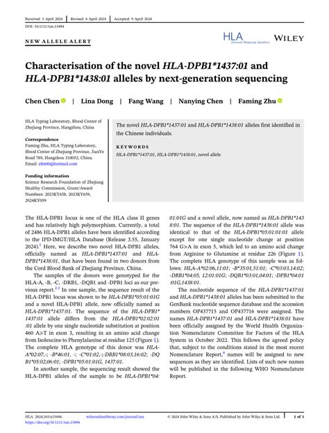 Characterisation Of The Novel Hla‐dpb1143701 And Hla‐dpb1143801