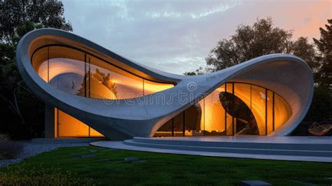 Futuristic Minimalist Design Of Small Concrete Building At Night