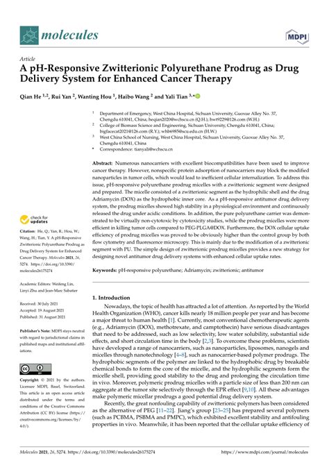 Pdf A Ph Responsive Zwitterionic Polyurethane Prodrug As Drug Delivery System For Enhanced