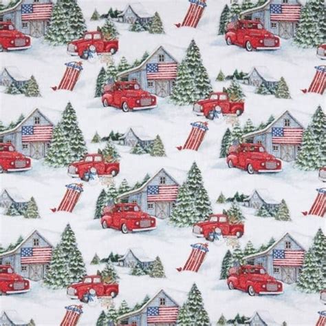 Cotton Fabric Holiday Fabric Snow And Trucks Red Truck Patriotic