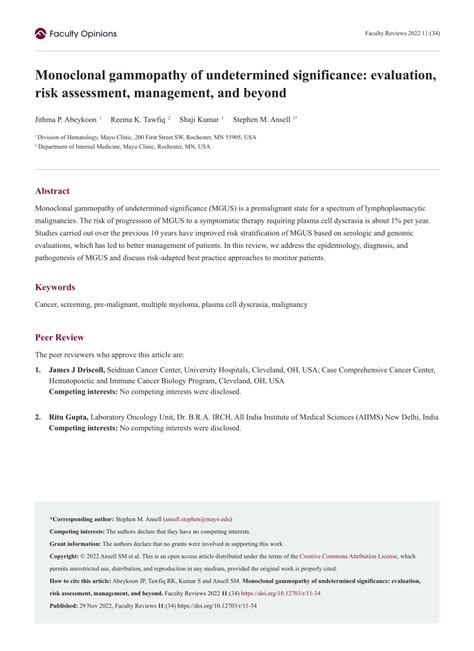 Pdf Monoclonal Gammopathy Of Undetermined Significance Evaluation