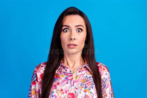 Photo Of Adorable Impressed Lady Dressed Print Blouse Big Eyes Isolated