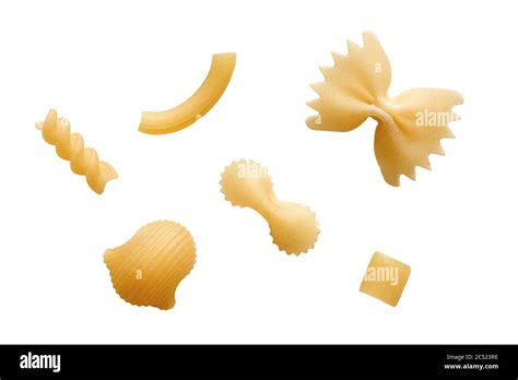 Various Raw Pasta Isolated On White Background Farfalle Rotini Ziti