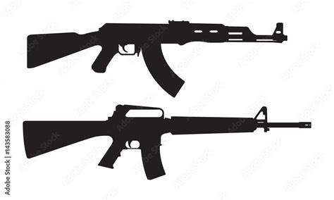 Ak47 Icon And M16 Icon Machine Gun Black Silhouette Vector