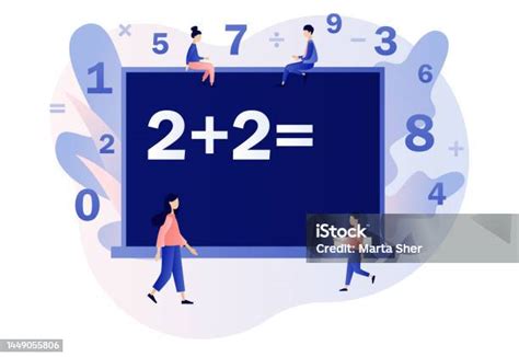 수학 수업 수학을 배우는 작은 사람들 분필 보드에 산술 기호입니다 교육 및 지식 개념입니다 현대 평면 만화 스타일입니다 흰색