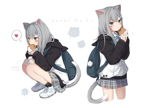 Amashiro Natsuki Animal Ears Aqua Eyes Catgirl Food Gray Hair Heart