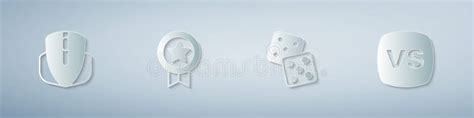Set Computer Mouse Game Rating With Medal Dice And Vs Versus Battle Paper Art Style Vector