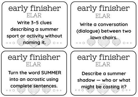 Summer Early Finishers Task Cards Ela Math Art Stem Movement