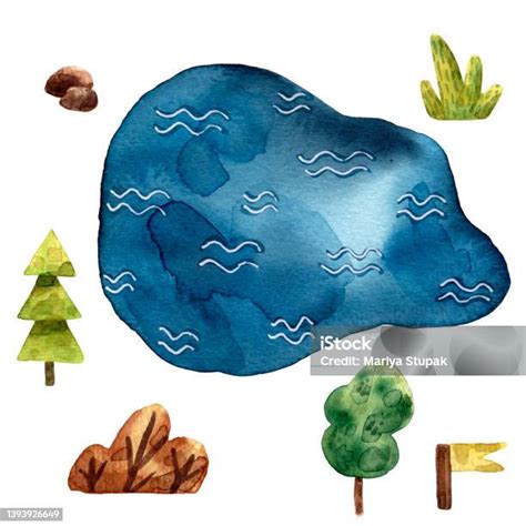 지도 요소의 수채화 집합입니다 큰 푸른 호수 수풀과 푸른 잔디 돌과 나무 일러스트레이션의 만화 스타일 평면 디자인 관광지도 표지판 작은 여행 휴가 가족 야외 휴가 0명에