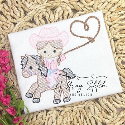 Sketch Fill Valentines Cowgirl Lasso Design A Gray Stitch And Design