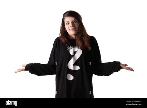 Portrait Of A Girl Wearing Black Outfit With White Question Mark Making
