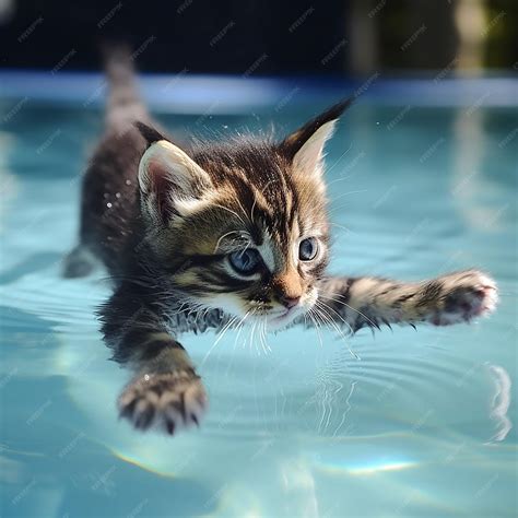 Premium Ai Image A Kitten Swimming In A Pool With Water On Its Face