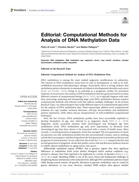 Pdf Editorial Computational Methods For Analysis Of Dna Methylation Data
