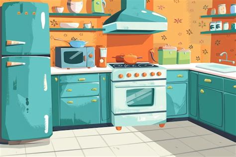 Cartoon Kitchen Interior Turquoise Premium Ai Generated Vector