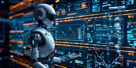 Ai Robot Interacting With Digital Analytics Dashboard Futuristic Artificial Intelligence