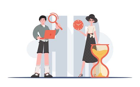 한 남자와 한 여자가 모래시계와 노트북을 손에 들고 완전히 성장하고 있습니다 인적 자원 프레젠테이션을 위한 요소 가득 찬에 대한