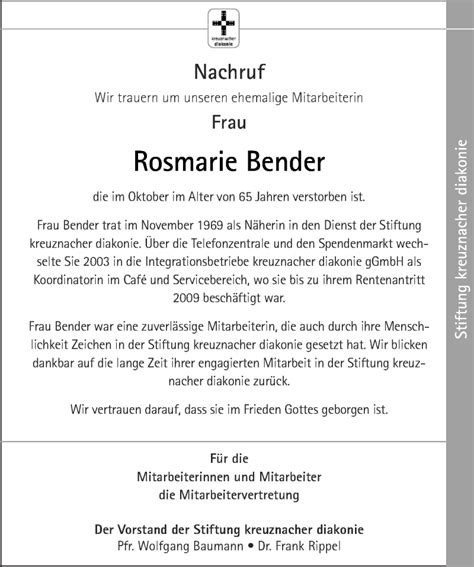 Traueranzeigen Von Rosmarie Bender Rz Trauer De