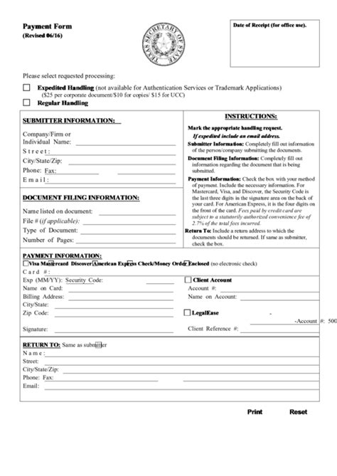 Fillable Payment Form Fillable Texas Secretary Of State Printable