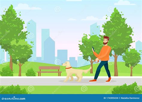 Man With Dog Flat Vector Illustration Morning Stroll Summertime City