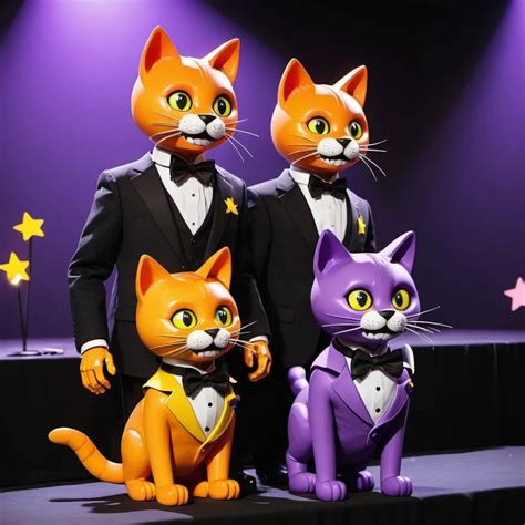 A Stage With A Orange Animatronic Cat With A Purple