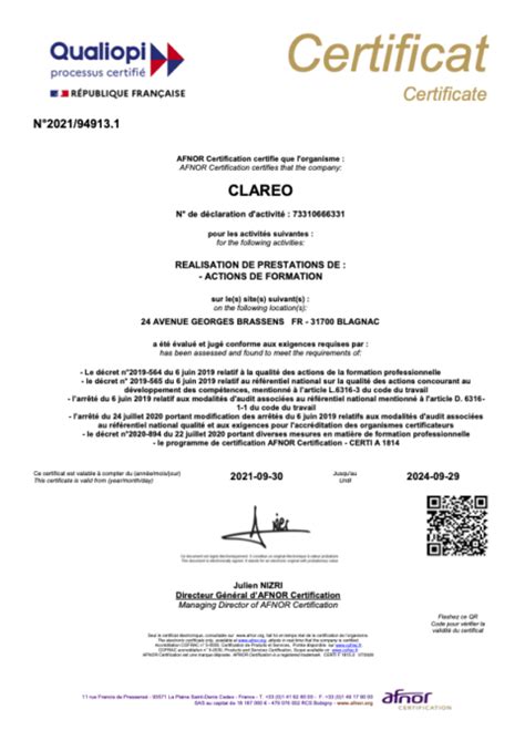 Notre Certificat Qualiopi Clareo Conseil Audit Formation