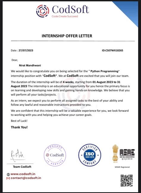 embracing a python powered internship at codsoft nirat mandhwani