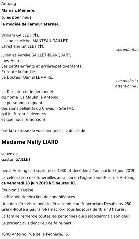 Avis De Décès De Nelly Liard Décédé Le 23062019 à Tournai Annonce Condoléances Fleurs Etc