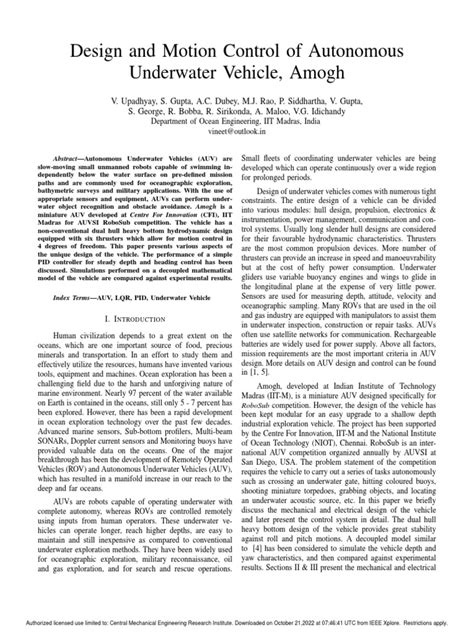 Design And Motion Control Of Autonomous Underwater Vehicle Amogh Pdf Control Theory Flight