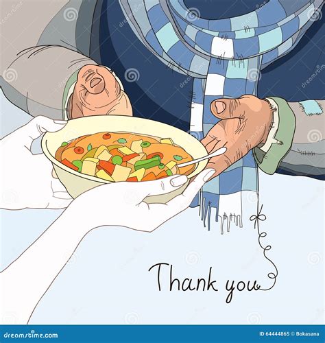 Volunteer Giving Plate Of Food To The Homeless In Worn Clothes Stock