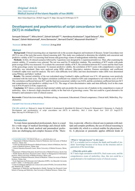 Pdf Psychometric Characteristics Of Script Concordance Test Sct And Its Correlation With