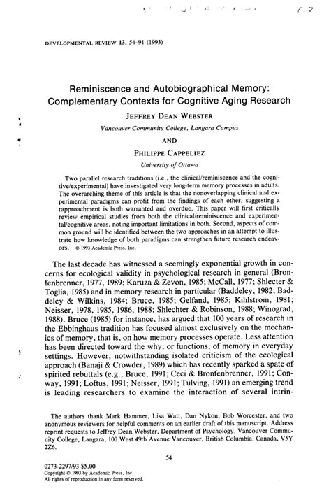 Pdf Reminiscence And Autobiographical Memory Complementary Contexts For Cognitive Aging Research