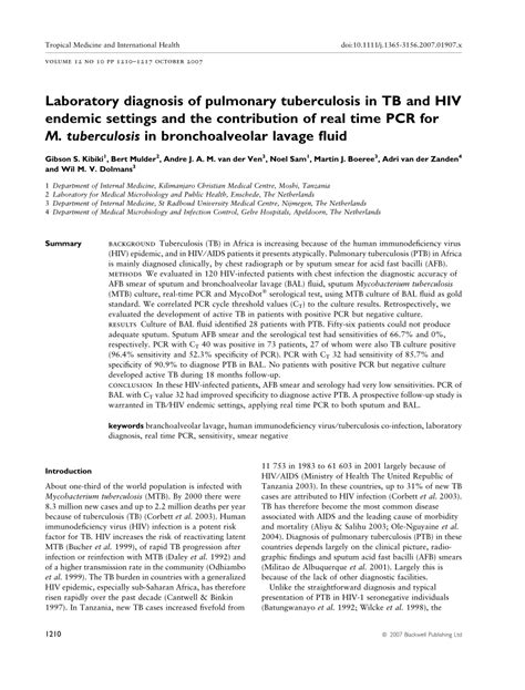 Pdf Laboratory Diagnosis Of Pulmonary Tuberculosis In Tb And Hiv Endemic Settings And The