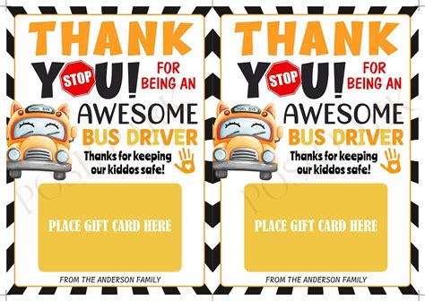 Editable School Bus Driver Appreciation Card Bus Driver T Card