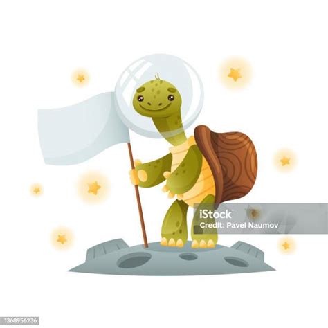 귀여운 거북이 공간 관광 플래그와 달에 서 우주 벡터 일러스트레이션에서 날아다니는 재미있는 거북이 캐릭터 거북이에 대한 스톡