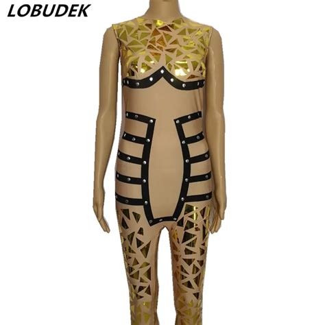 Gold Sequins Bling Crystals Jumpsuit Stretch Leotard Jumpsuit Sexy