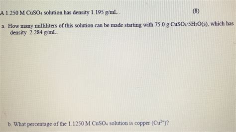Solved A 1250 M Cuso4 Solution Has Density 1195 Gml 8