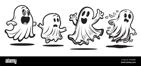 Set Of Ghosts Cartoon Hand Drawn Sketch Halloween Illustration Stock