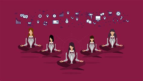 비즈니스 여성 5 사람이 마음 챙김 명상을 연습 스트레스 생각을 해제하고 잠재력을 표현 아이콘 비즈니스와 요가와 자기 의식 아이디어 개념 강렬하고 밝은 색상에 대한 스톡