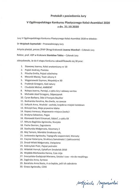Protokół z posiedzenia jury V Ogólnopolskiego Konkursu Plastycznego
