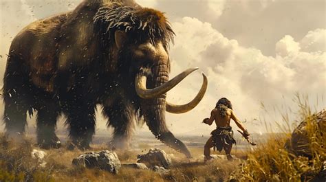Prehistoric Hunting Scene Of Primitive Caveman Attacking And