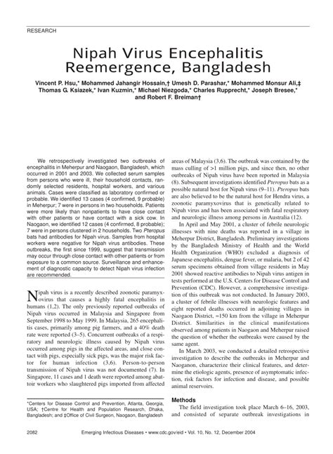 PDF Nipah Virus Encephalitis Reemergence Bangladesh