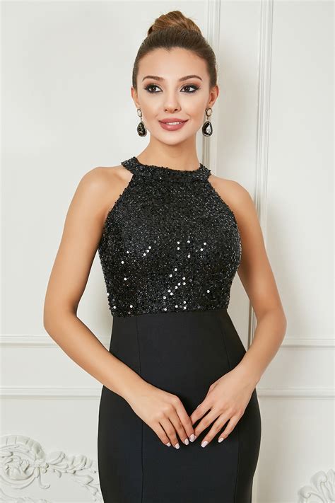 Halter Yaka Payetli Balık Abiye Elbise SİYAH