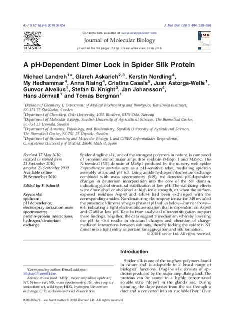 Pdf A Ph Dependent Dimer Lock In Spider Silk Protein