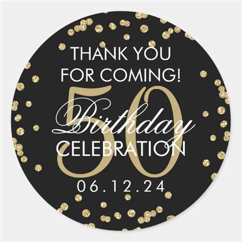 Gold Black 50 Birthday Thank You Glitter Confetti Classic Round Sticker
