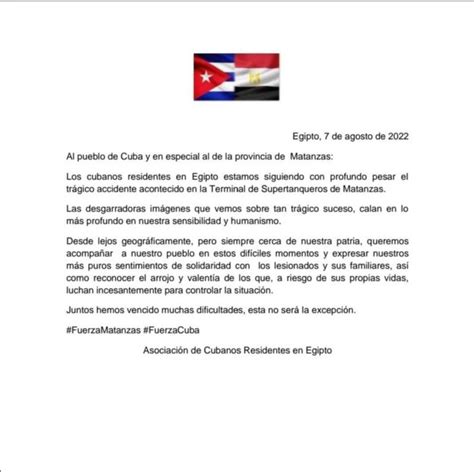 Mensaje de condolencias y aliento de la Asociación de Cubanos en Egipto