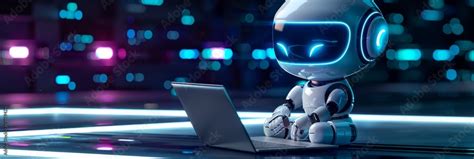 Cute Friendly Artificial Intelligence Robot Using Laptop Computer With Purple Neon Glow Light