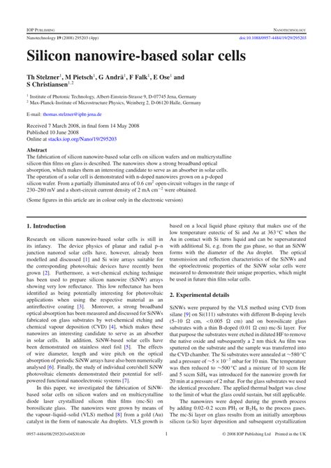 Pdf Silicon Nanowire Based Solar Cells Nanotechnology 19 295203
