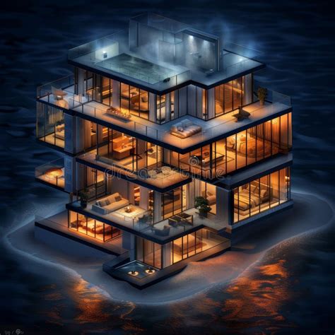 Luxurious Glass House With Modern Design Floating On Water At Night